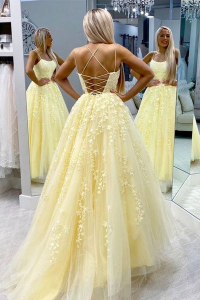 Spaghetti Straps Yellow Lace Prom Dress Misaislestyle